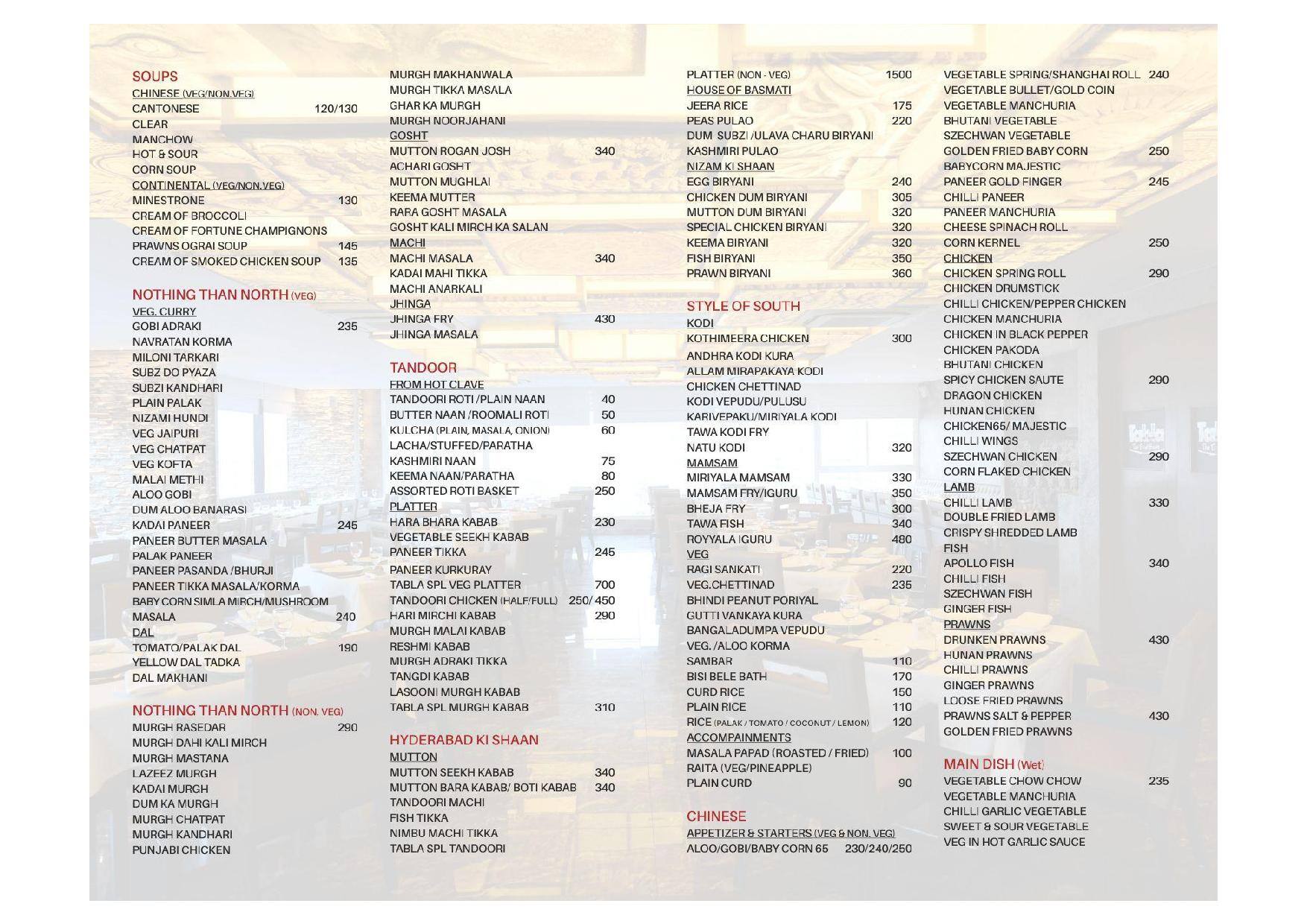 Menu at Tabla Restaurant, Hyderabad, Plot No 18