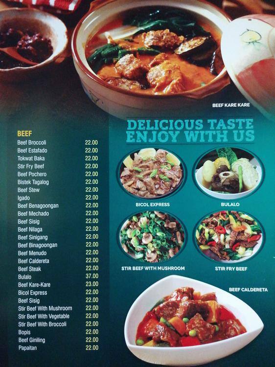 Menu at Manila Pinoy, Abu Dhabi
