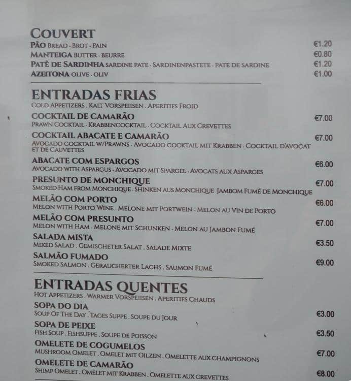 Menu em Millennium restaurante, Lagos, R. 25 de Abril 70