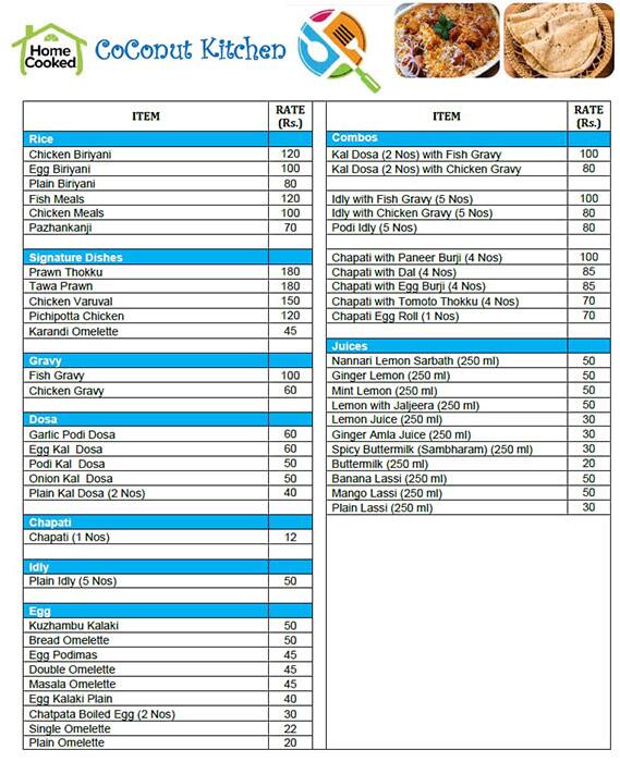 Menu at Coconut store, Chennai