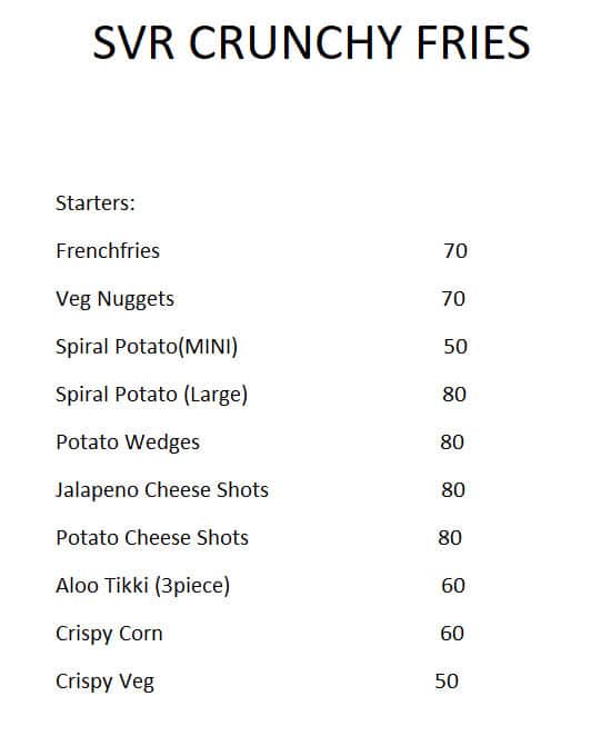 Menu of SVR Crunchy Fries, Kothapet, Hyderabad