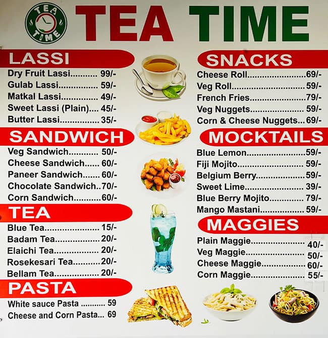 Menu of Tea Time, Varthur Main Road, Whitefield, Bangalore