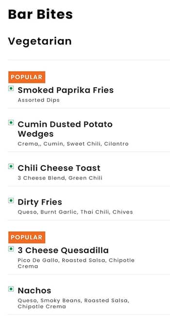 Menu at Bonobo, Mumbai