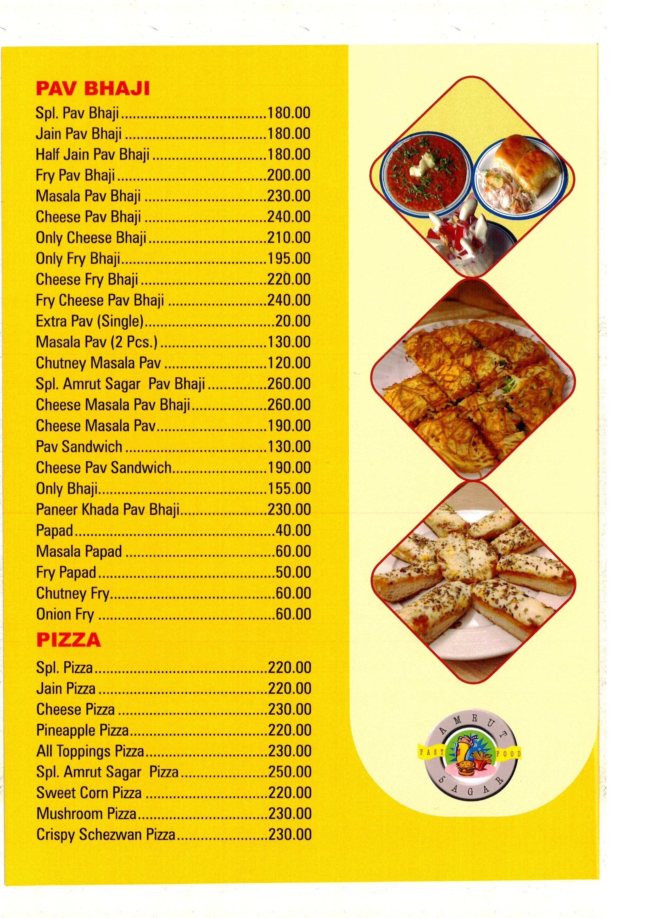 Menu of Amrut Sagar Fast Food, Hill Road, Bandra West, Mumbai