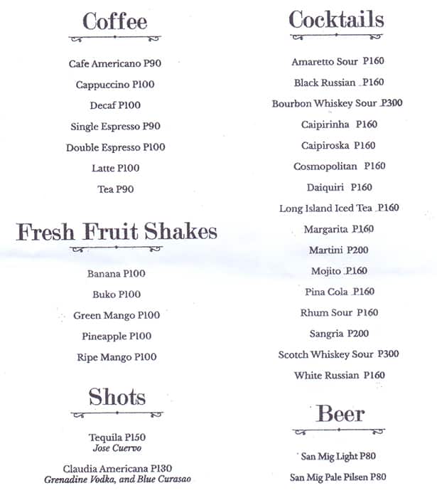 Menu at Romulo Café restaurant, Quezon City, Lazcano cor.