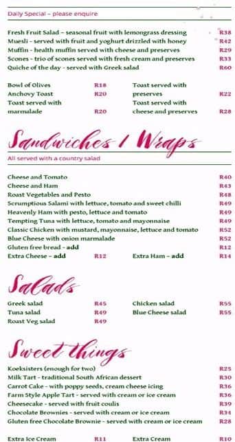 Menu at Tea Under The Trees cafe, Paarl, St. Pieter's Roche