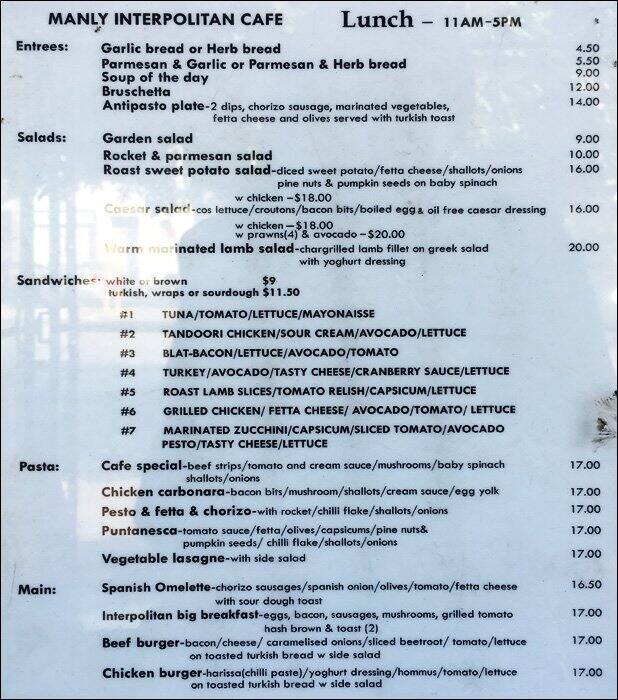 Menu at Interpolitan Cafe, Manly, 16 Victoria Pde