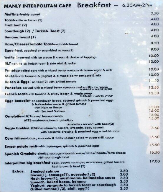 Menu at Interpolitan Cafe, Manly, 16 Victoria Pde