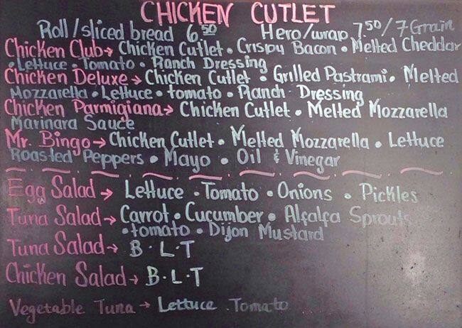 Menu at Bingo Deli restaurant, New York City, 77 Pearl St #6