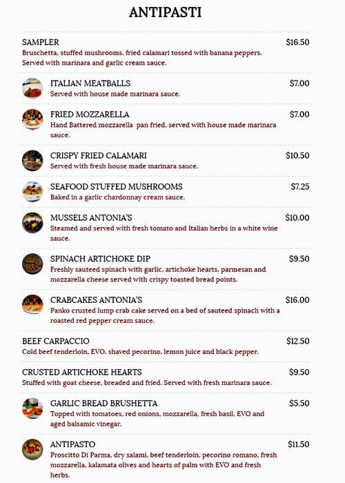 Menu at Antonia's Restaurant, Katy, Katy Mills Blvd