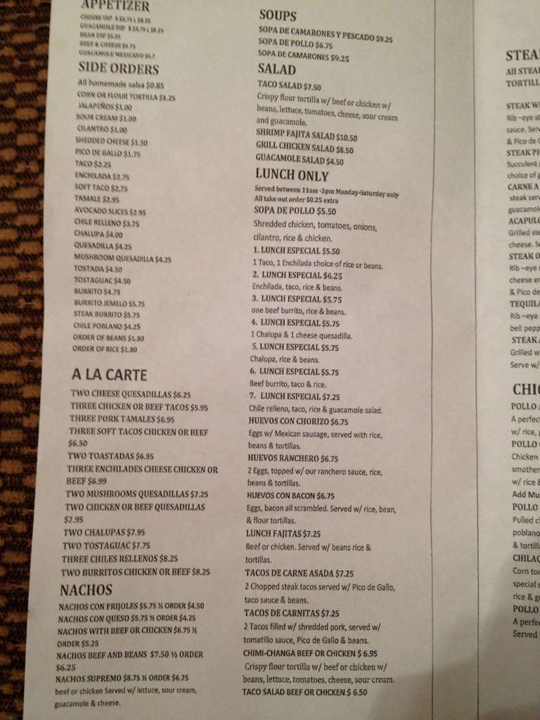 Menu at Tequila restaurant, Tampa