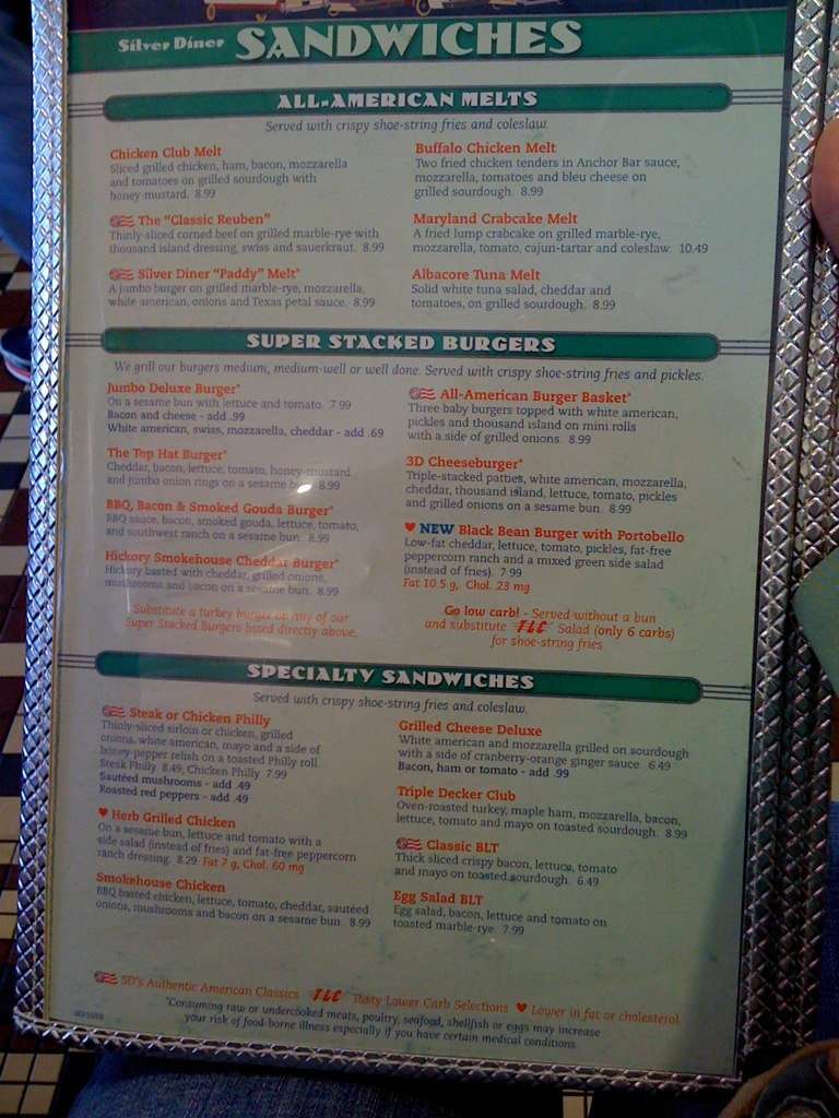 Menu at Silver Diner restaurant, Tuckahoe