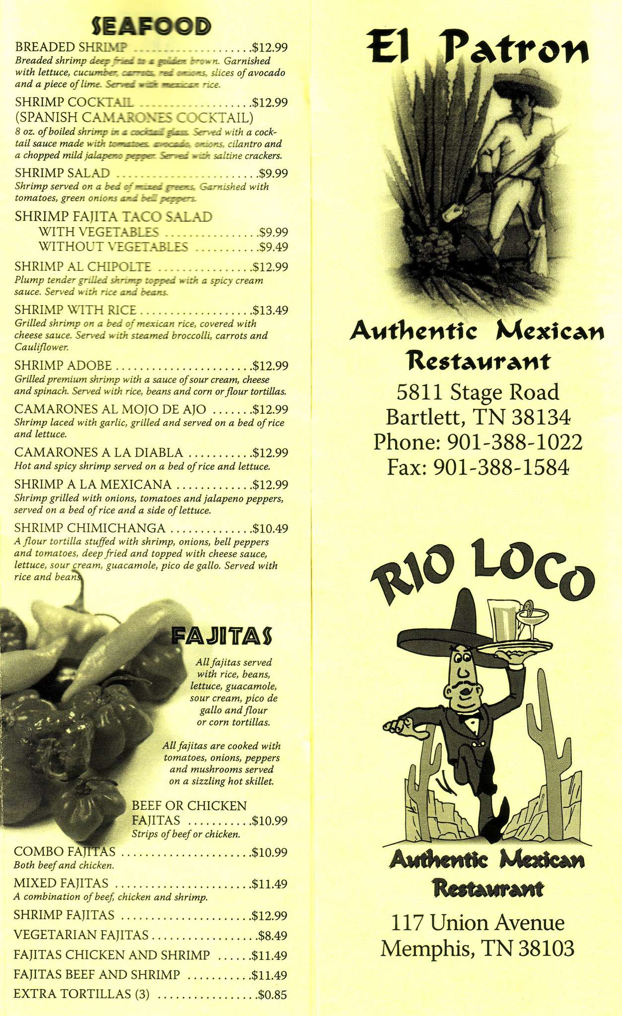 Menu at El Patron Authentic Mexican Restaurant, Bartlett, Stage Rd