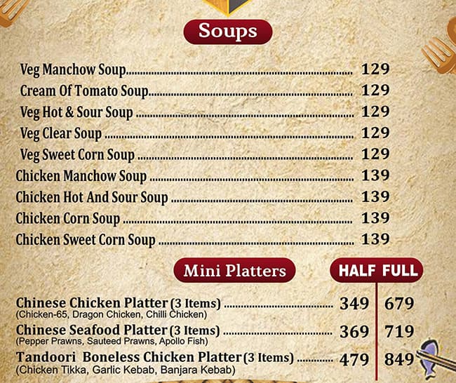 Menu of Dhaba, Banjara Hills, Hyderabad
