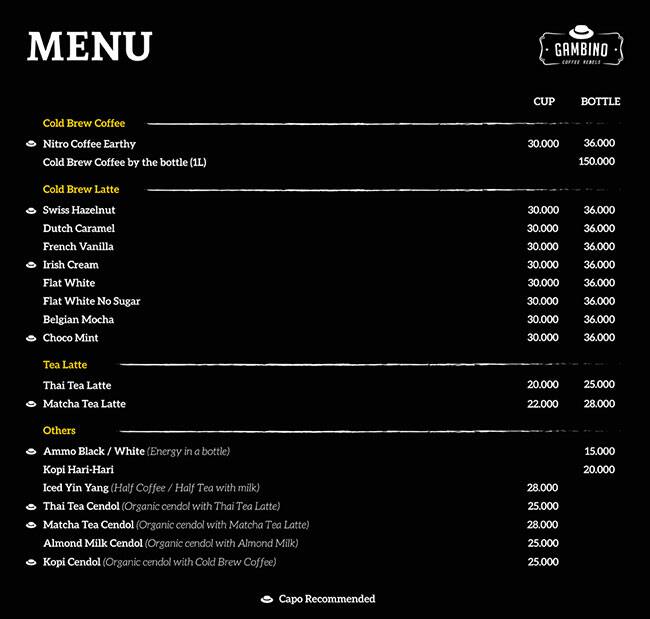 Menu at Gambino Cold Brew Coffee cafe, South Jakarta, Kota Kasablanka ...
