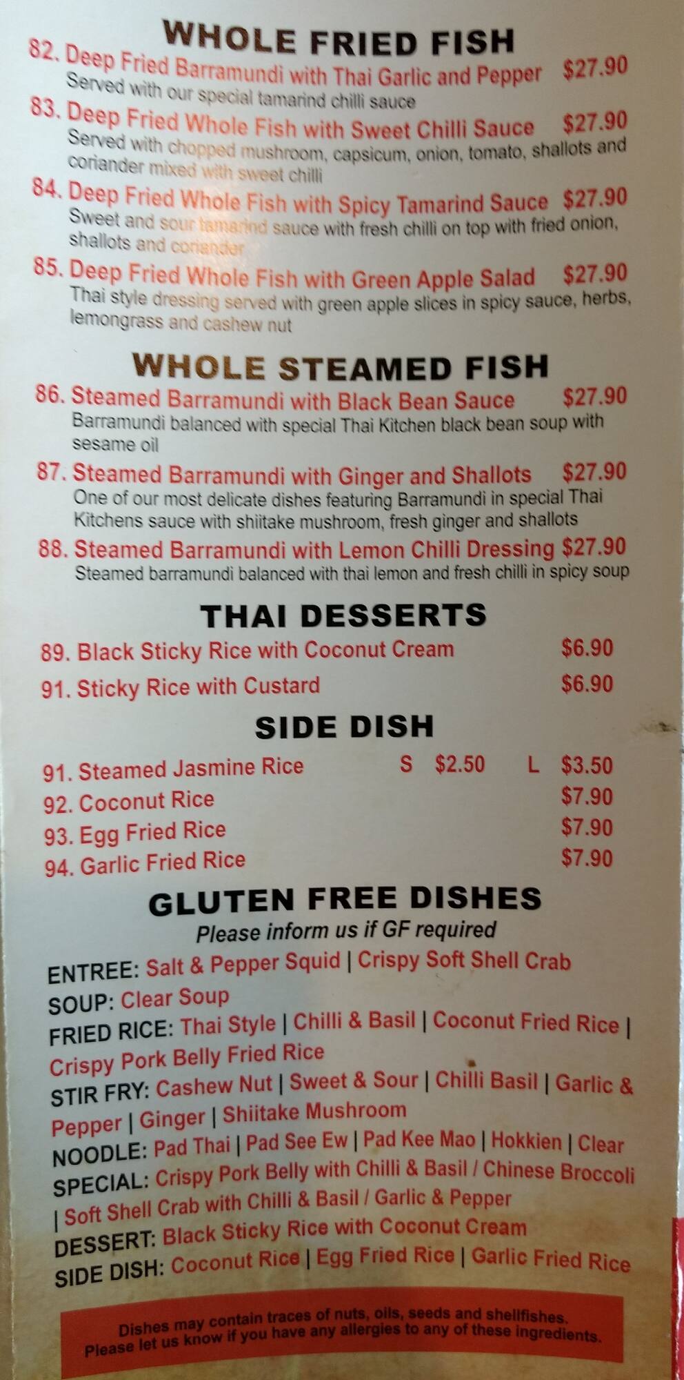 Carta del postres Thai Kitchen Rhodes, Meadowbank