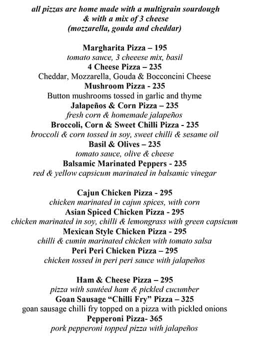 Menu of Jo's Pizza, Linking Road, Bandra West, Mumbai