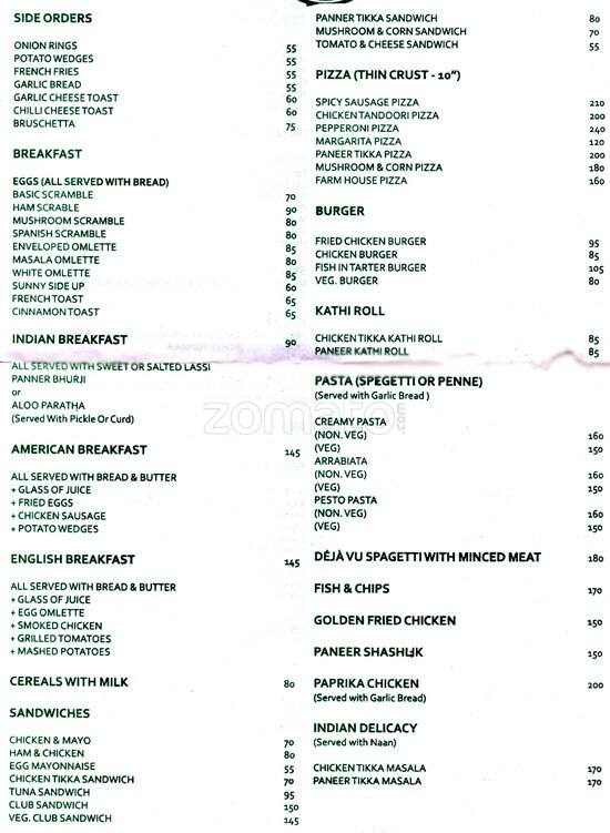 Menu at Deja Vu Cafe, Mumbai, Shivaji Park