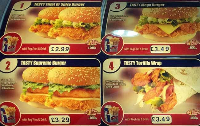 Menu at Tasty Chicken fast food, London, 233 Lower Clapton Rd