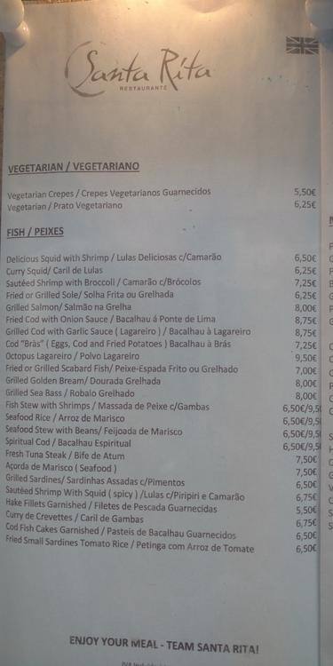 Carta del restaurante Santa Rita, Lisboa