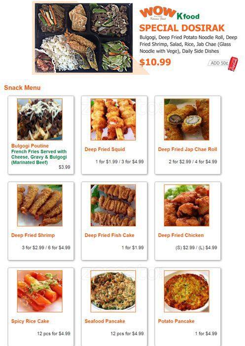 Menu at WOW Korean restaurant, Toronto