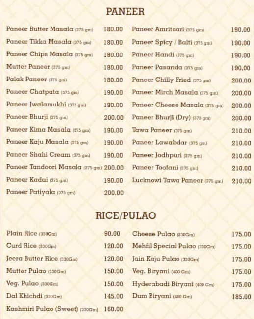 Menu at New Mehfil Restaurant, Ahmedabad