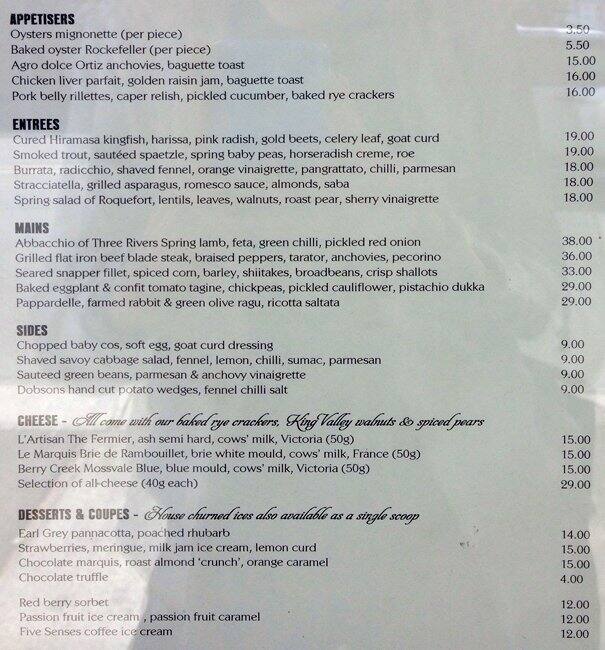 Menu at Union Dining restaurant, Richmond, 270-272 Swan St