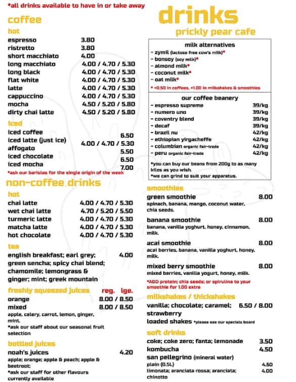 Menu at Prickly Pear cafe, Malvern