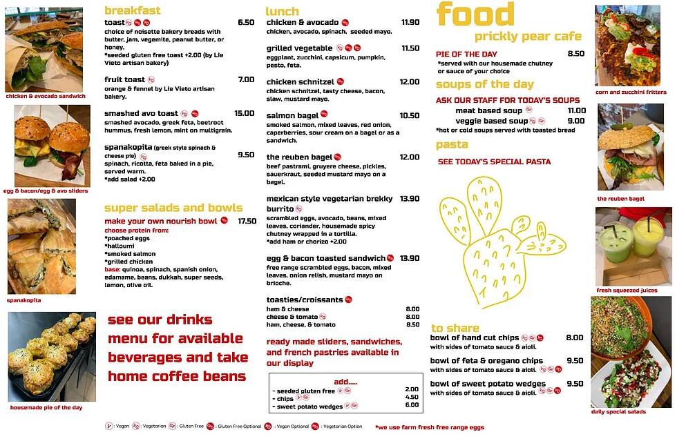 Menu at Prickly Pear cafe, Malvern