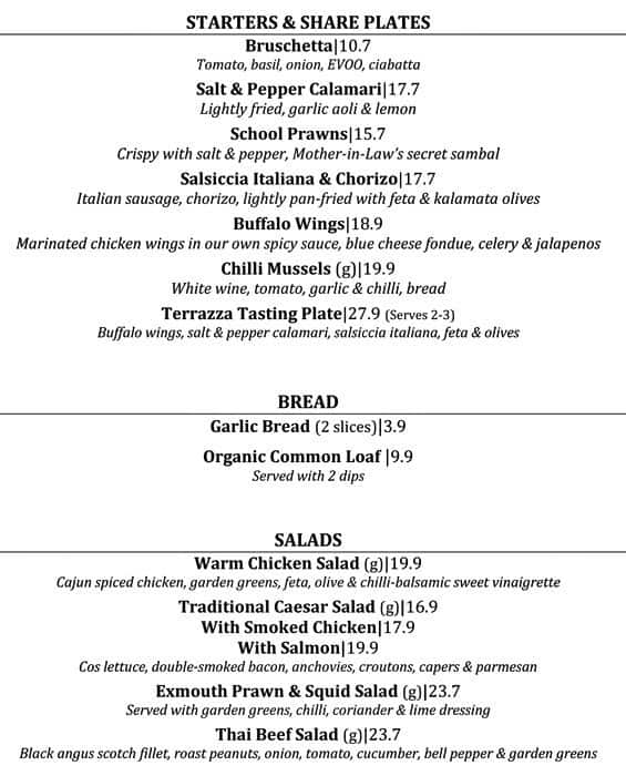 Menu at Terrazza restaurant, Ardross