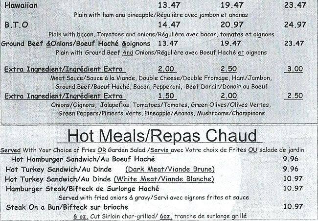 Menu at University Tavern pizzeria, Ottawa