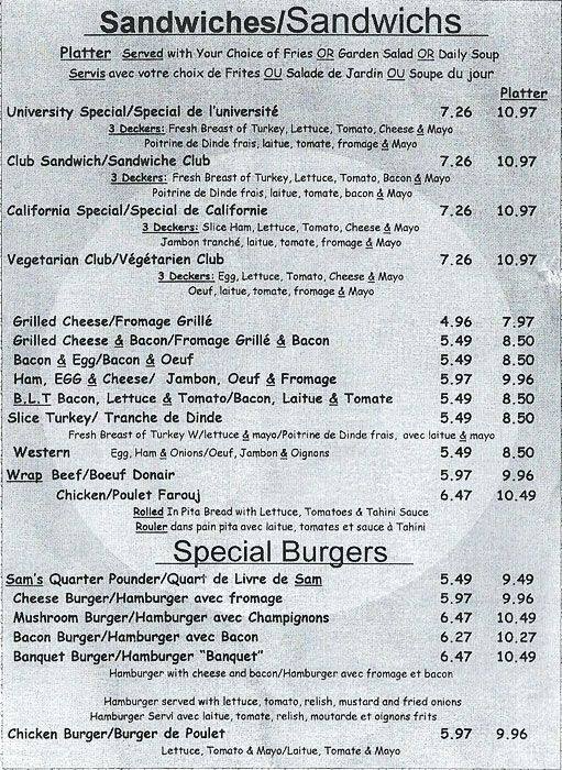 Menu at University Tavern pizzeria, Ottawa