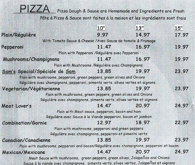 Menu at University Tavern pizzeria, Ottawa