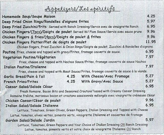 Menu at University Tavern pizzeria, Ottawa