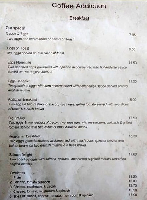 Menu at Coffee Addiction cafe, Niddrie