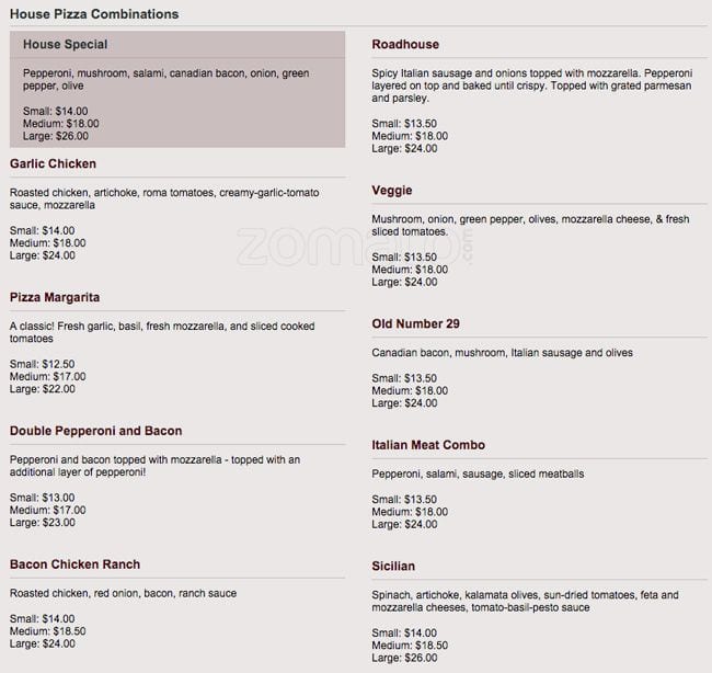 Menu at Pizza Bank Restaurant, Kirkland