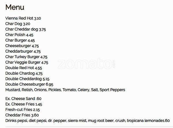 Menu at The Wiener's Circle fast food, Chicago