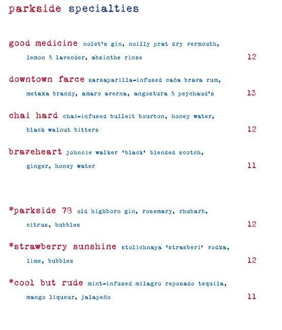 Menu at Parkside restaurant, Austin, 301 E 6th St