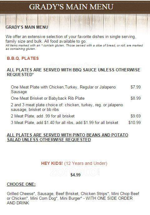 Menu at Grady's Bar-B-Que, Converse, FM 78