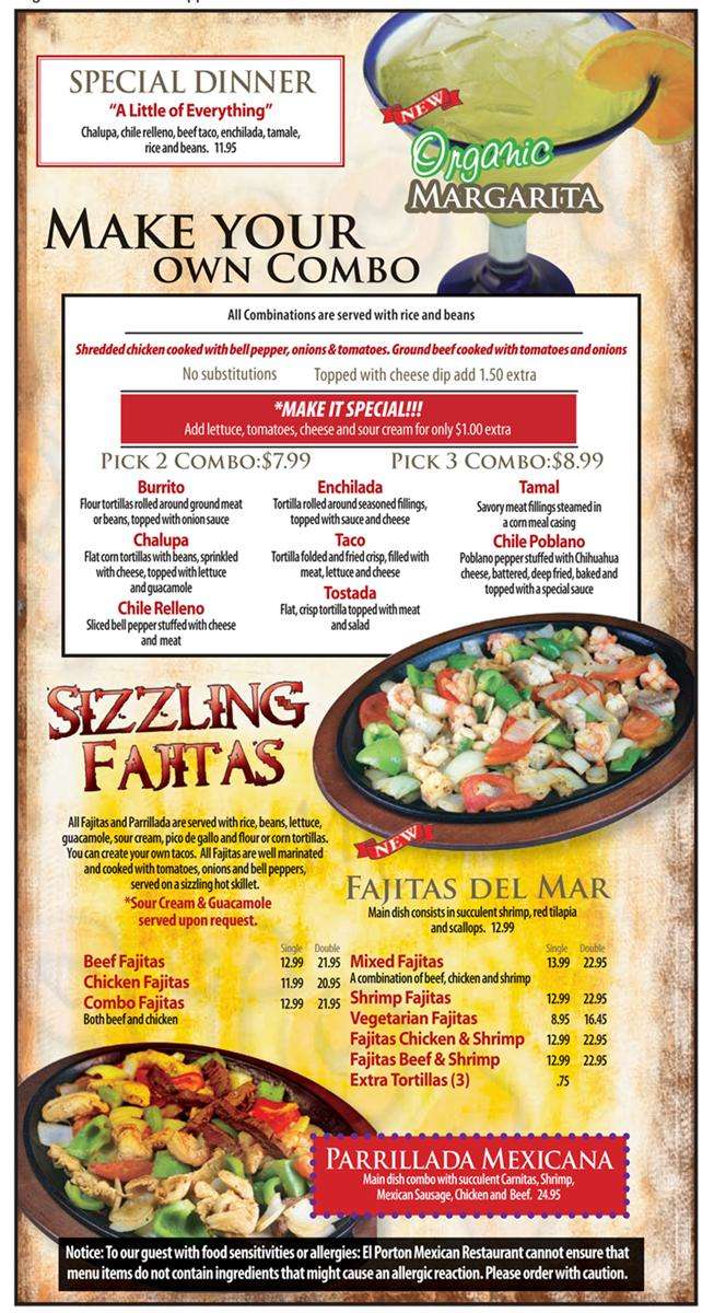 Menu at El Porton Mexican Bar & Grill, Collierville, W Poplar Ave #103