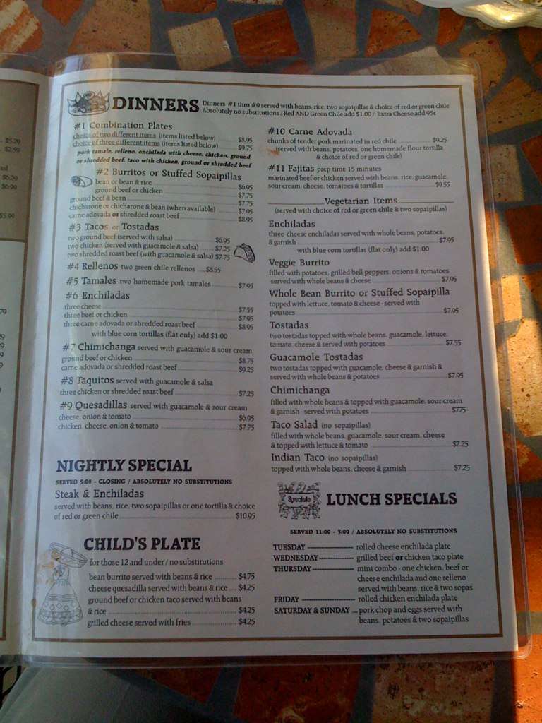 Menu at Monica's El Portal Restaurant, Albuquerque