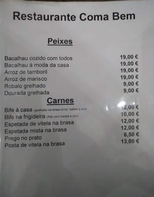 Menu at Restaurante Coma Bem, Matosinhos