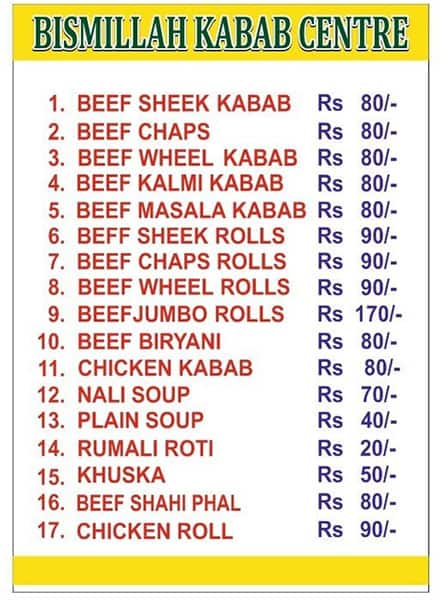 Menu at Bismillah Kabab Center, Bengaluru, 101