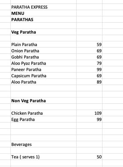 Menu of Paratha Express, MG Road, Puducherry