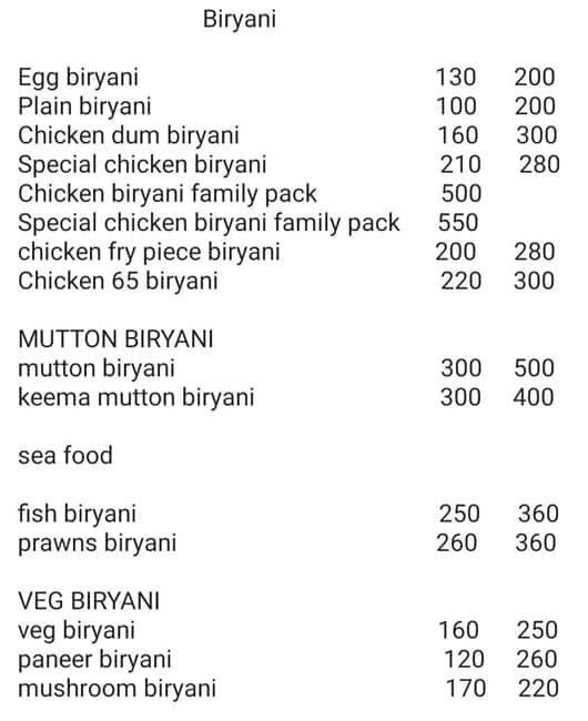 Menu of Biryani Zone, Vanasthalipuram, Hyderabad