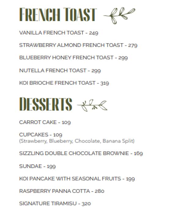 Menu at KOI all day cafe, Udaipur