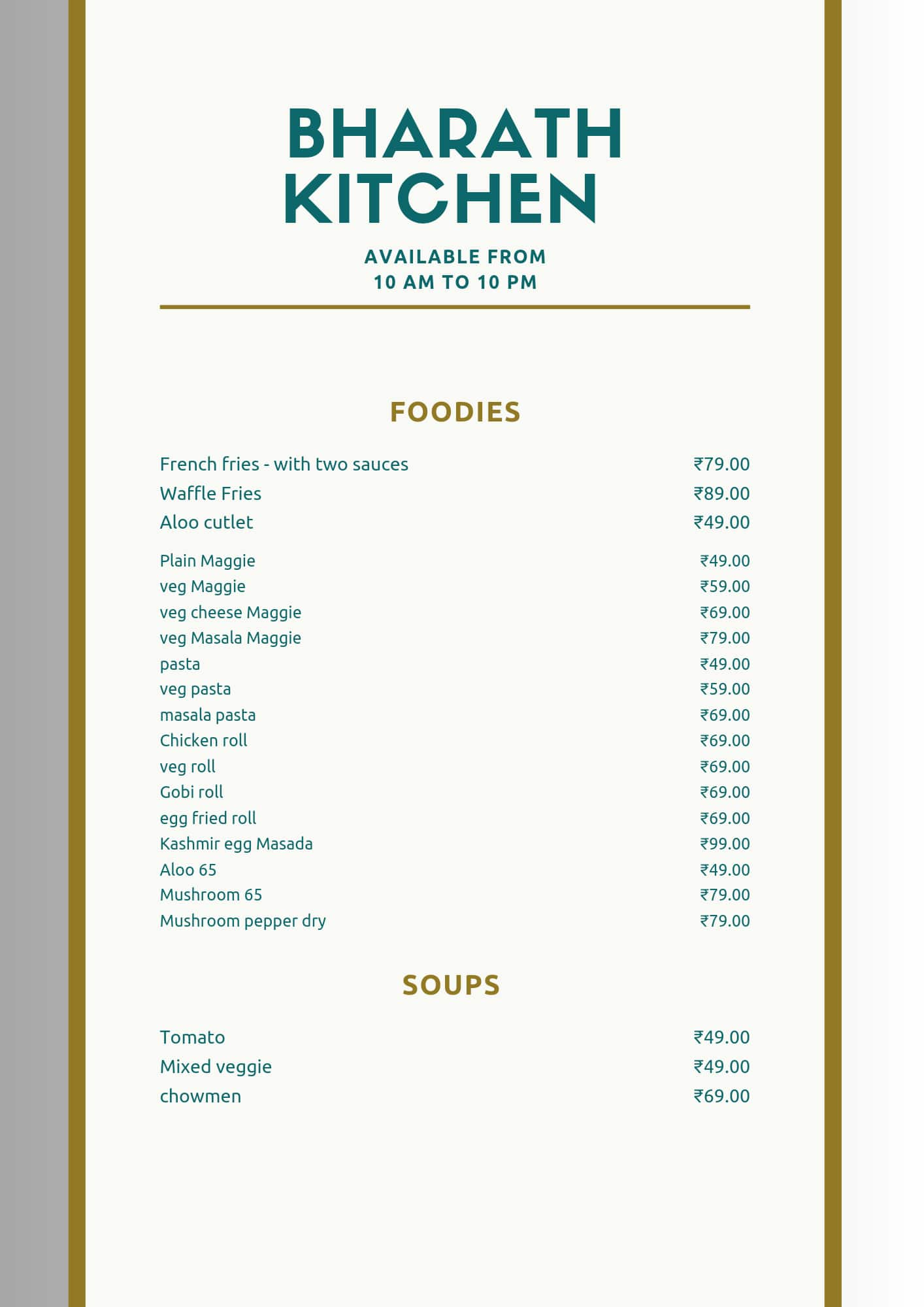 Menu of Bharath Kitchen, Bommasandra, Bangalore