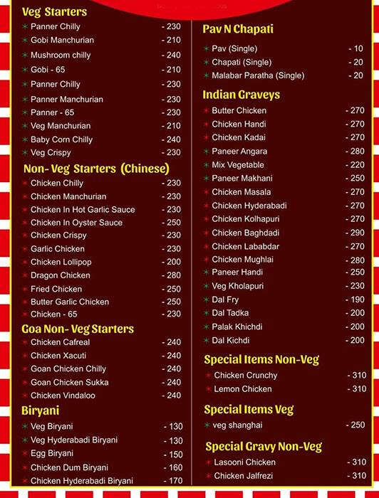 Menu of Goa Food Fort, Mapusa, Goa