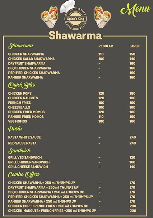 Menu of Spice's King Shawarma, Khairatabad, Hyderabad