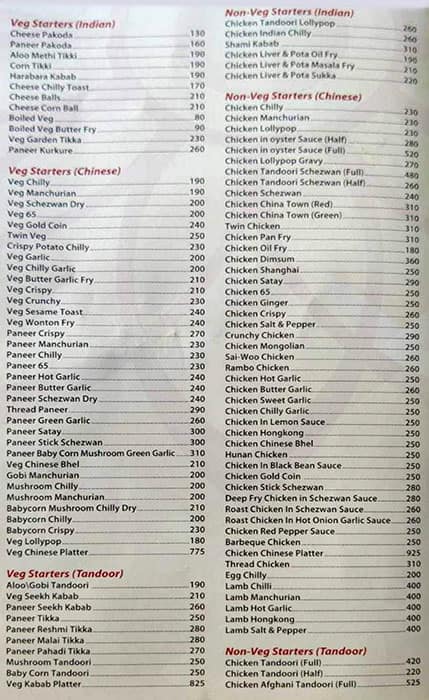 Menu of Karishma, Dadar East, Mumbai